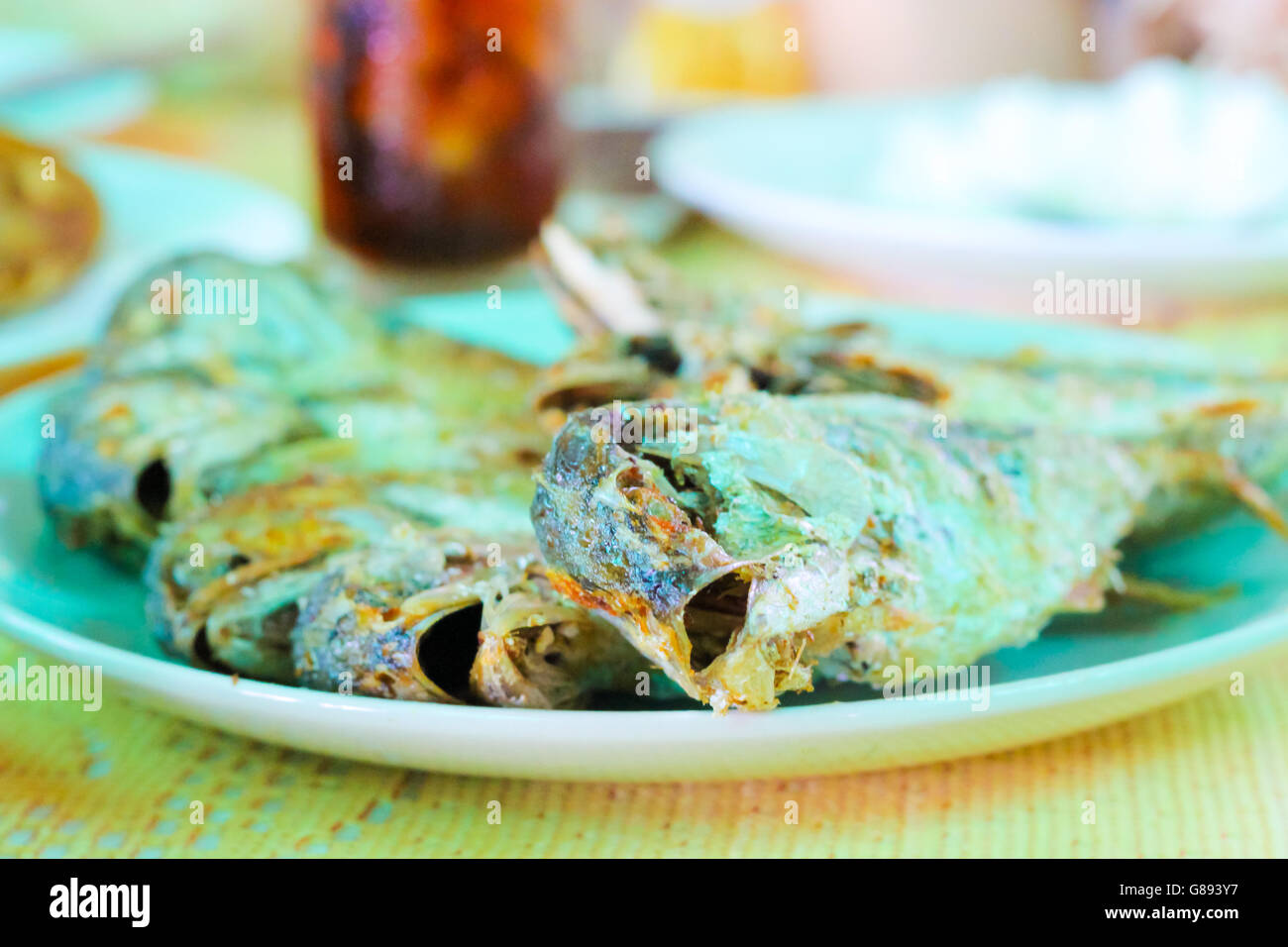 mackerel fish opens its mouth Oh My Gods after being fried Stock Photo ...