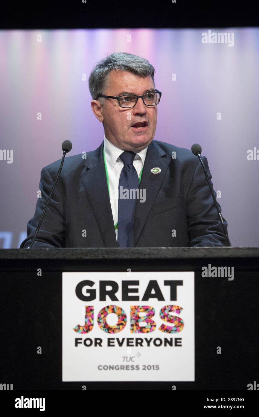TUC Congress 2015. General Secretary of the RMT Mick Cash speaks at the ...