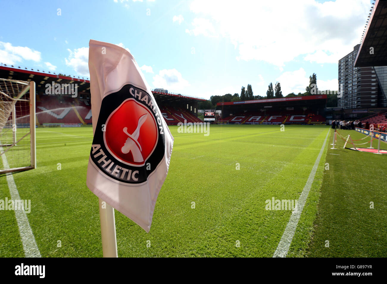 Charlton athletic branded corner flag at the valley hi-res stock ...