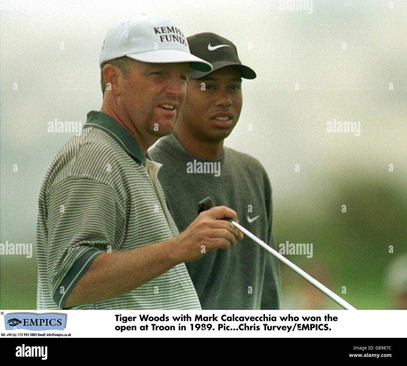Golf-The Open-practice. Tiger Woods with Mark Calcavecchia who won the ...