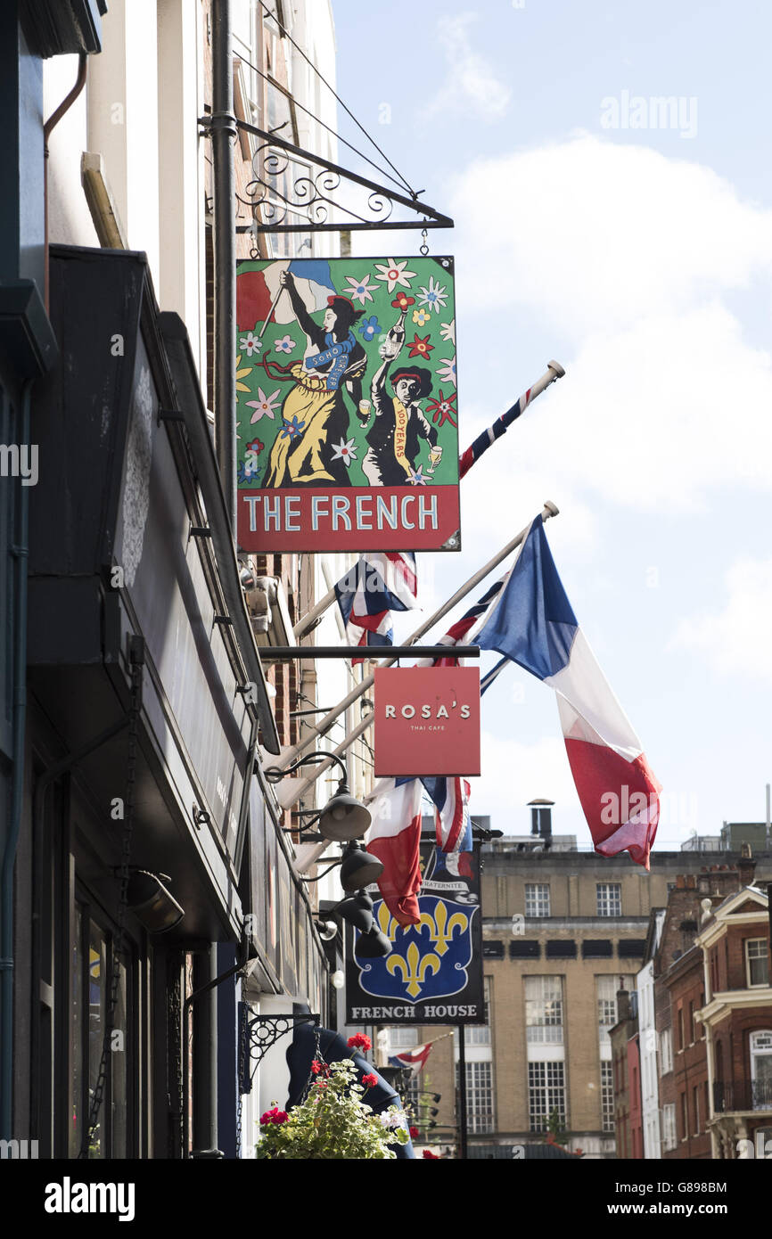 Pub signs in Dean Street in Soho, London. The area will host London ...
