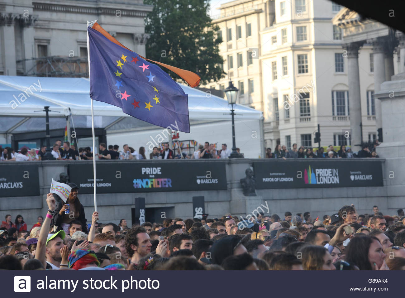 The EU flag flying in Trafalgar Square during the Pride 2016 concert ...