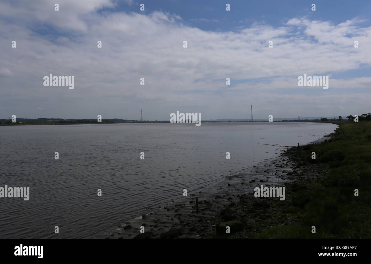 Distant view of Kincardine Bridge and Pylons of the 400kV Forth ...