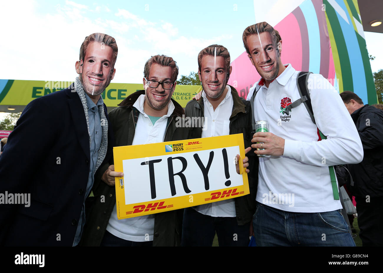 England fans wearing Chris Robshaw masks show their support before the ...