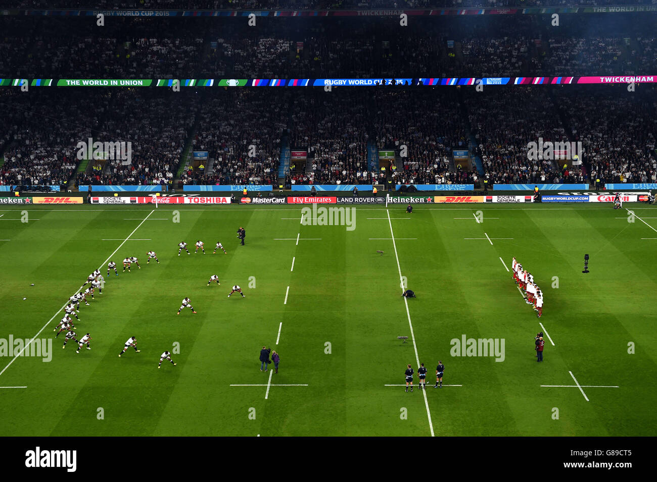 A general view as Fiji players perform the Cibi during the Rugby World ...