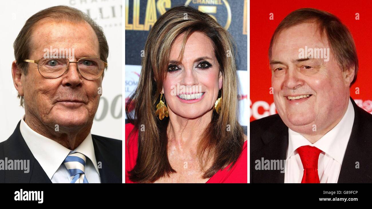 File photos of (from the left) Sir Roger Moore, Linda Gray and and Lord ...