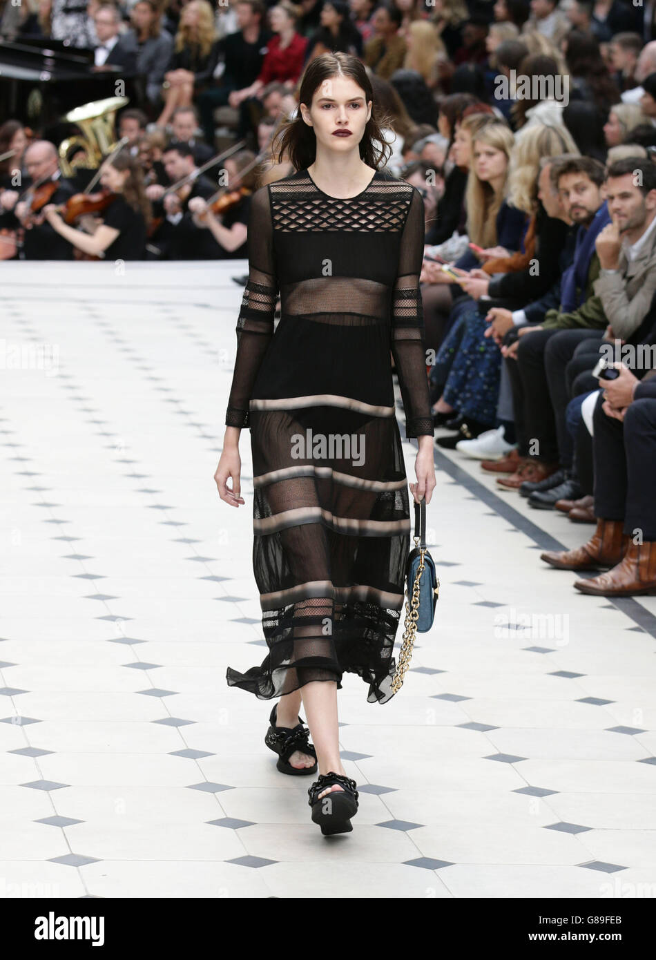 A model on the catwalk during the Burberry Spring/Summer 2016 London ...