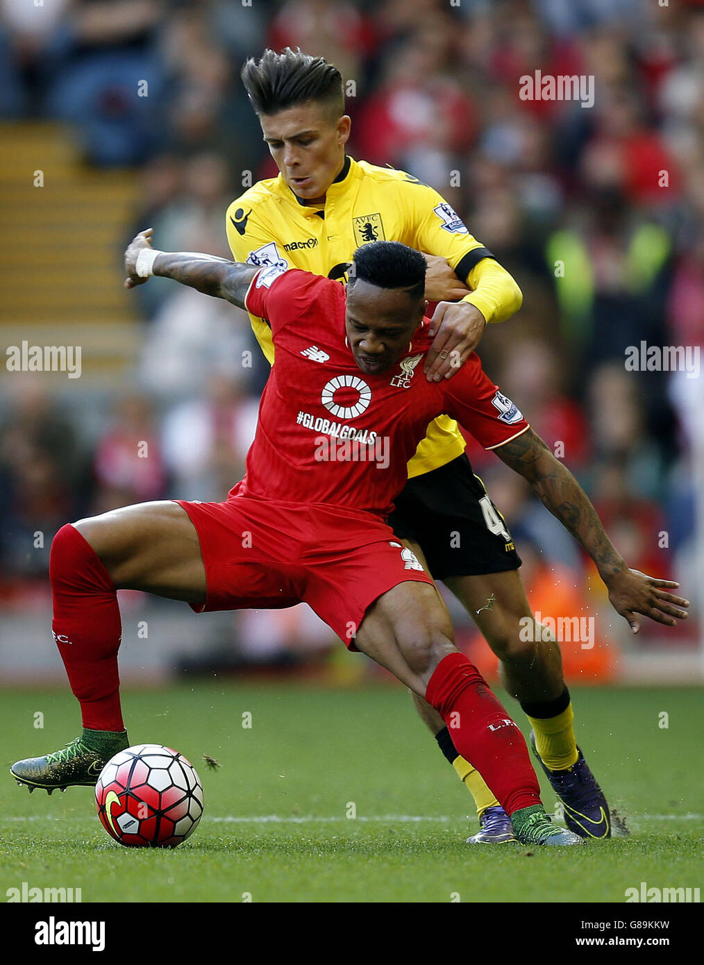 Liverpool's Nathaniel Clyne and Aston Villa's Jack Grealish during the ...