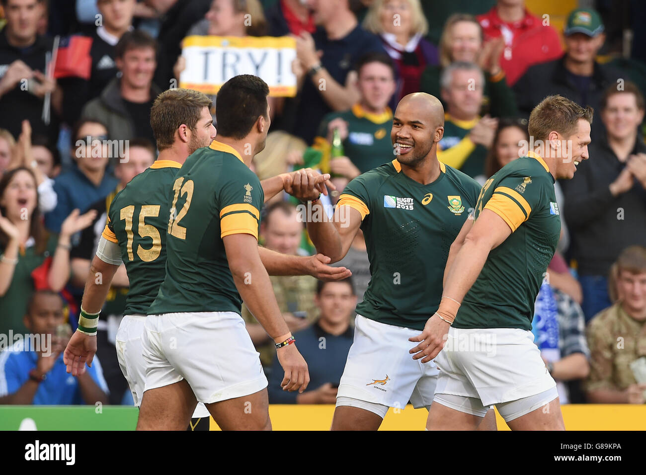 South Africa's JP Pietersen (second right) celebrates his try during ...