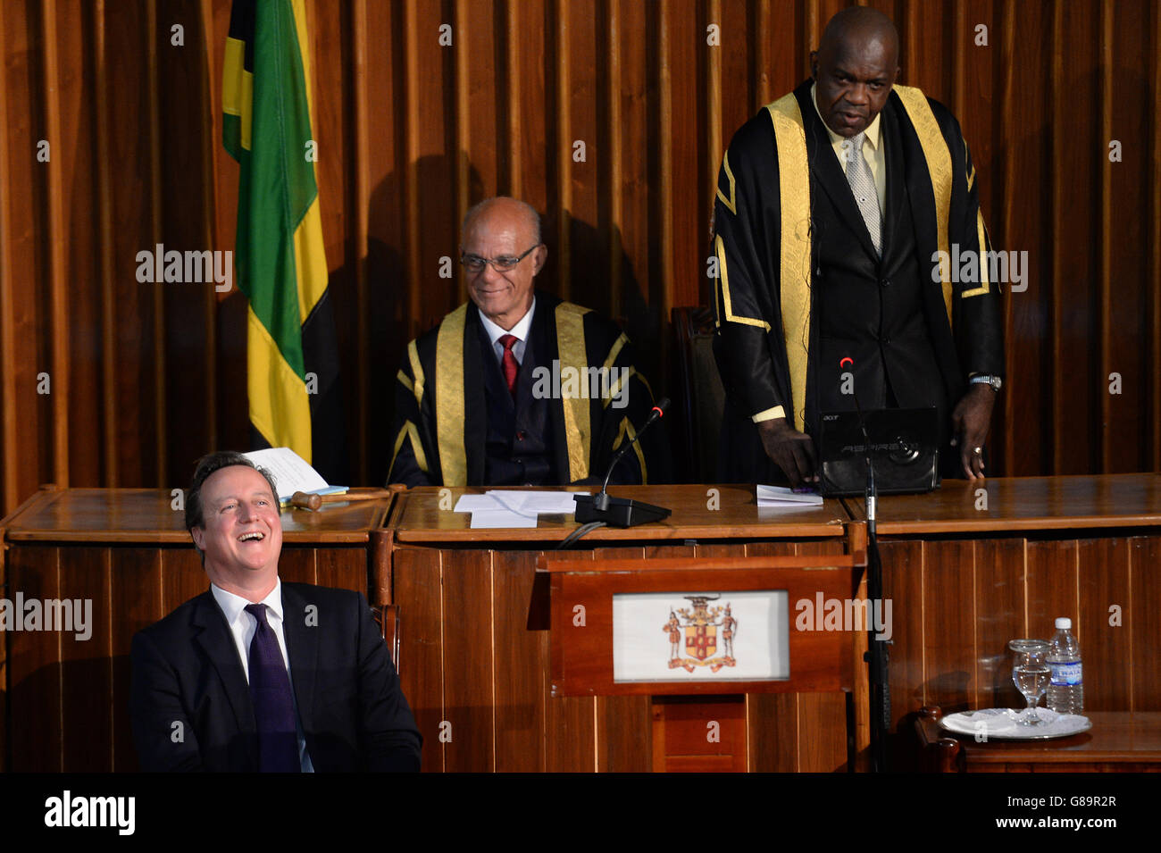 (Left to right) Prime Minister David Cameron, Speaker Michael Peart and ...