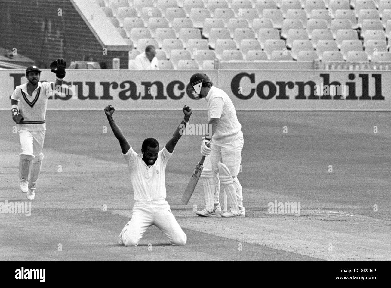 West Indies bowler Malcolm Marshall falls to his knees in triumph after ...