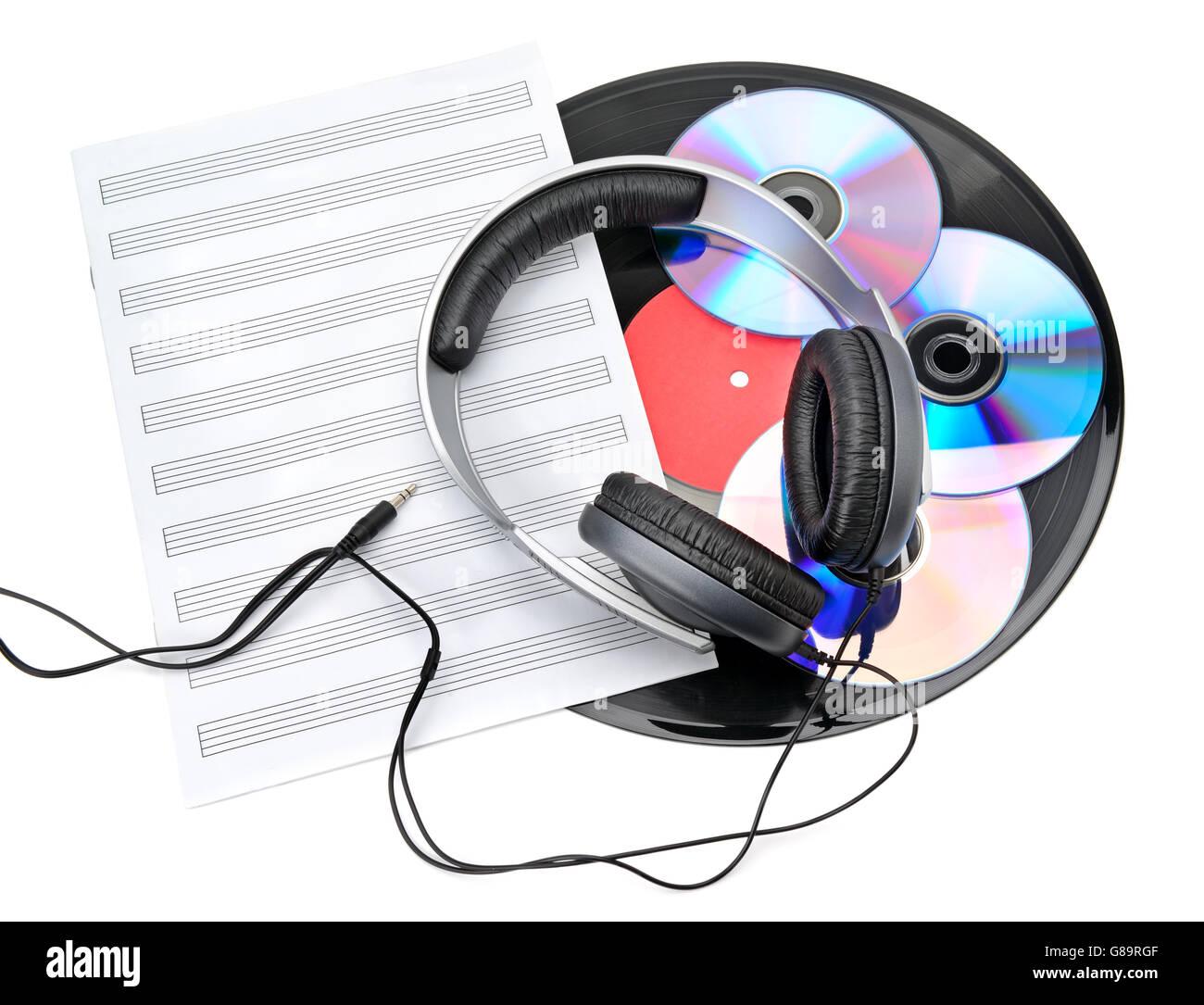 headphones, CDs and vinyl records isolated on white background Stock ...