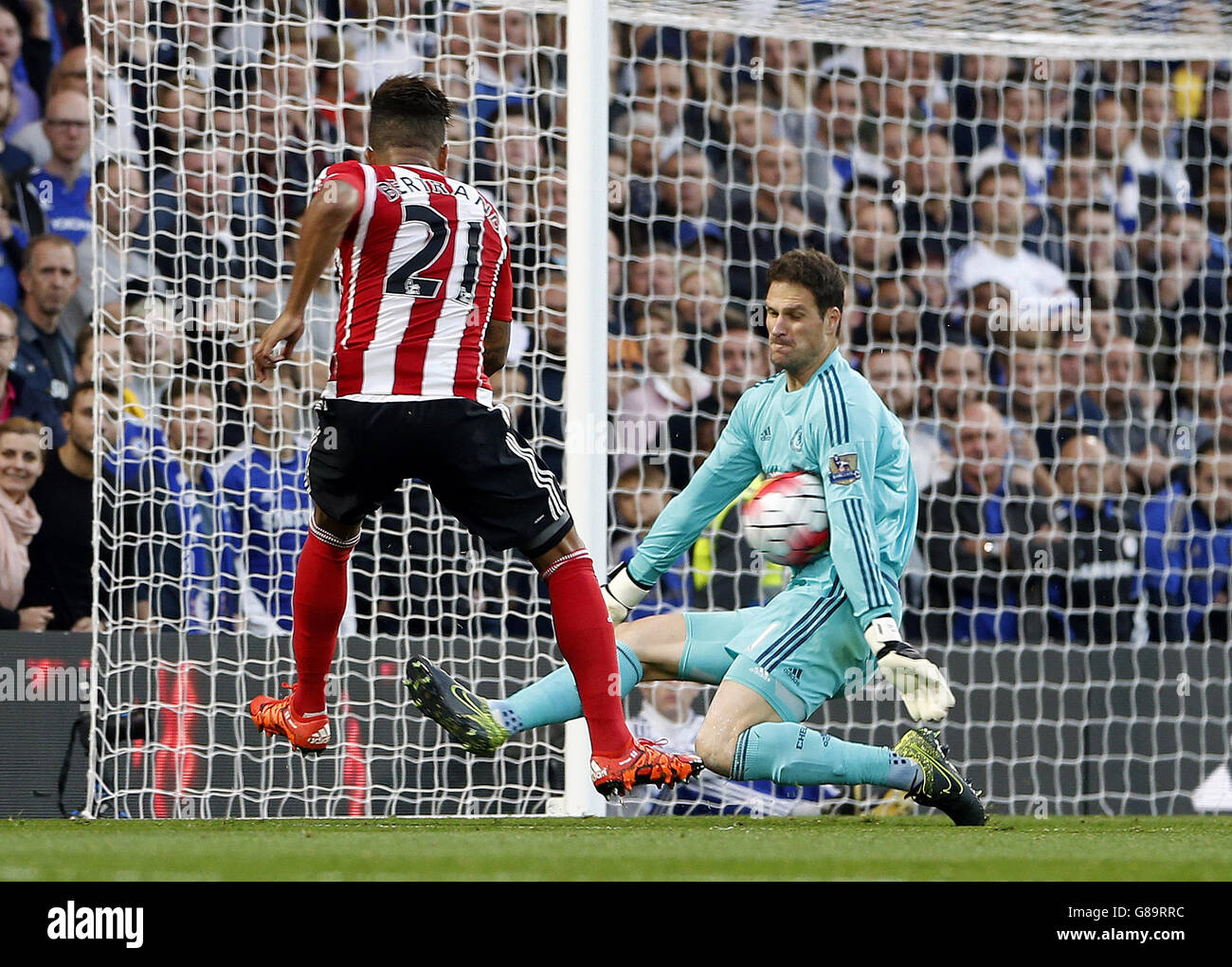 Southampton's Ryan Bertrand sees his shot saved by Chelsea goalkeeper ...