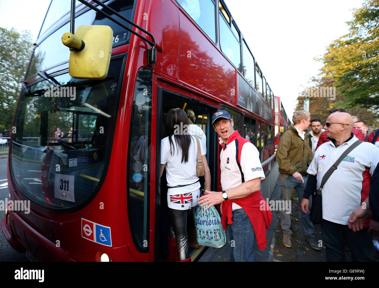 England fans boarding a bus heading towards Twickenham Stadium outside ...