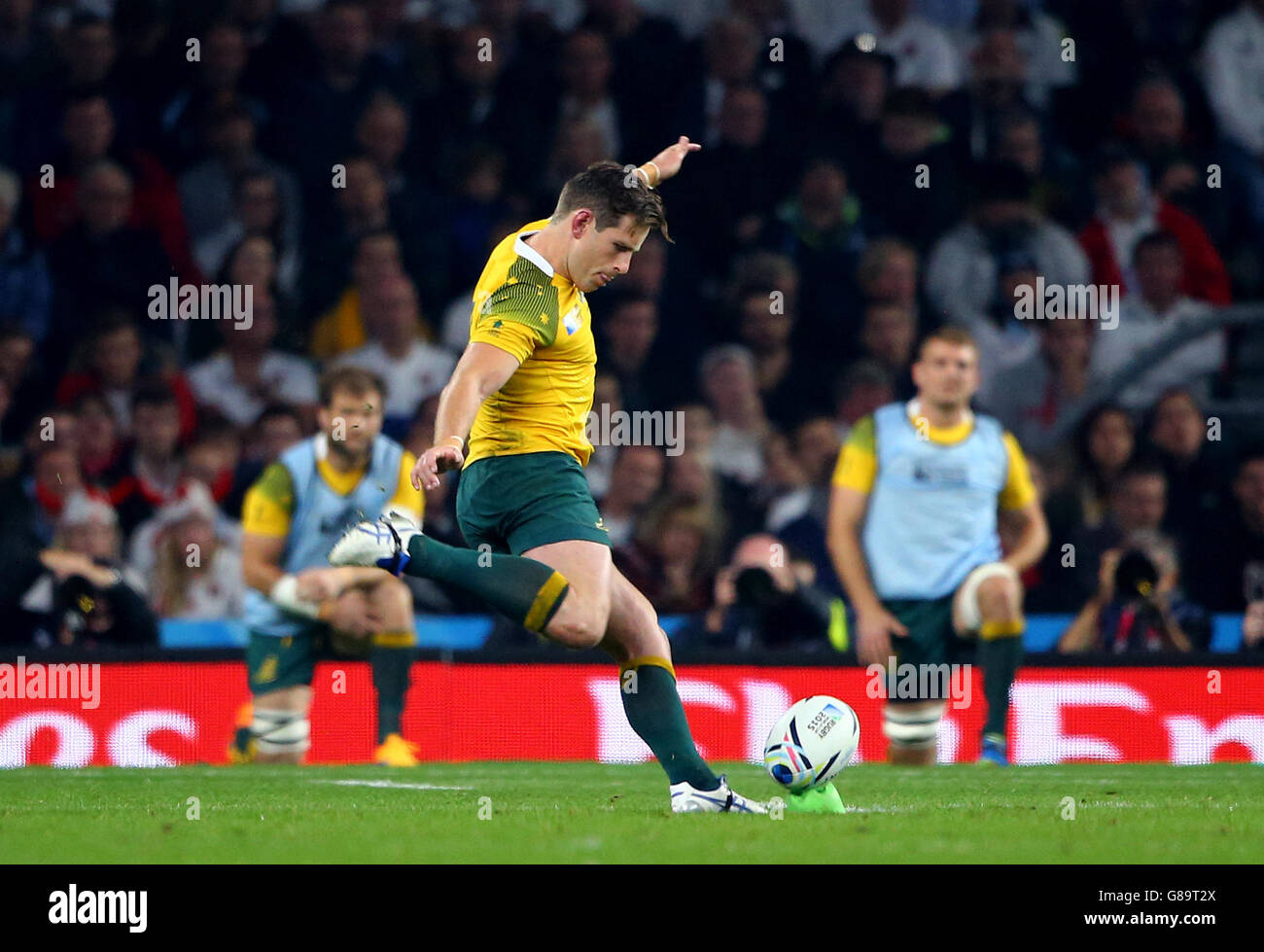 Australia's Bernard Foley kicks a penalty during the World Cup match at ...