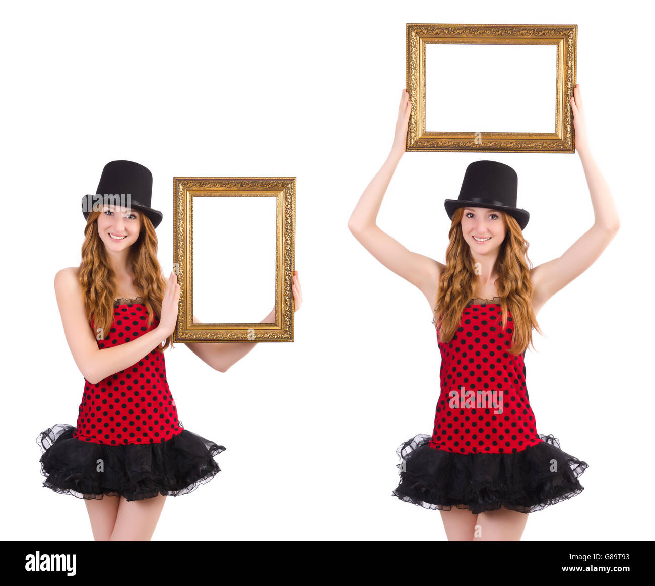 Pretty girl in red polka dot dress with picture frame isolated on white ...