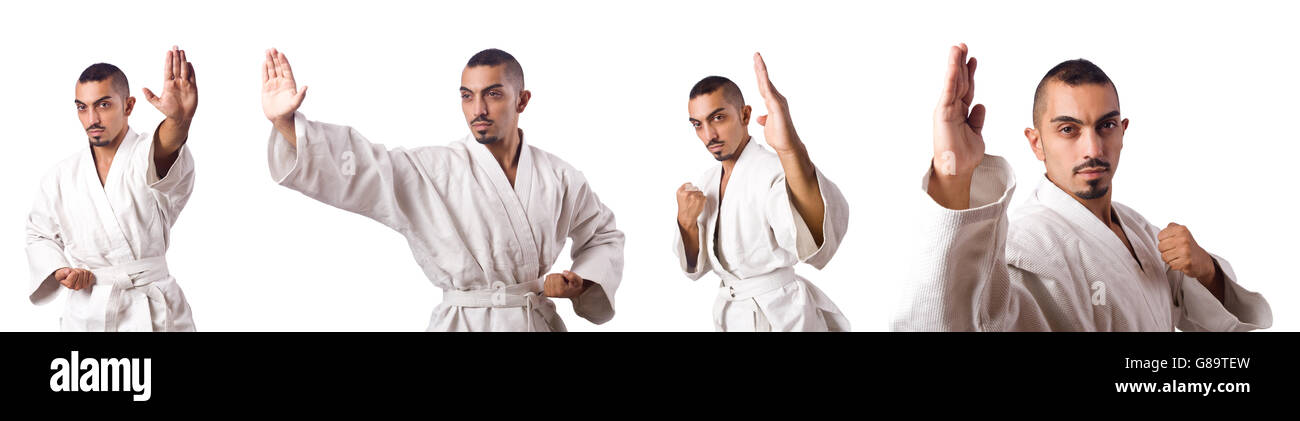 Collage of karate player in kimono isolated on white Stock Photo - Alamy