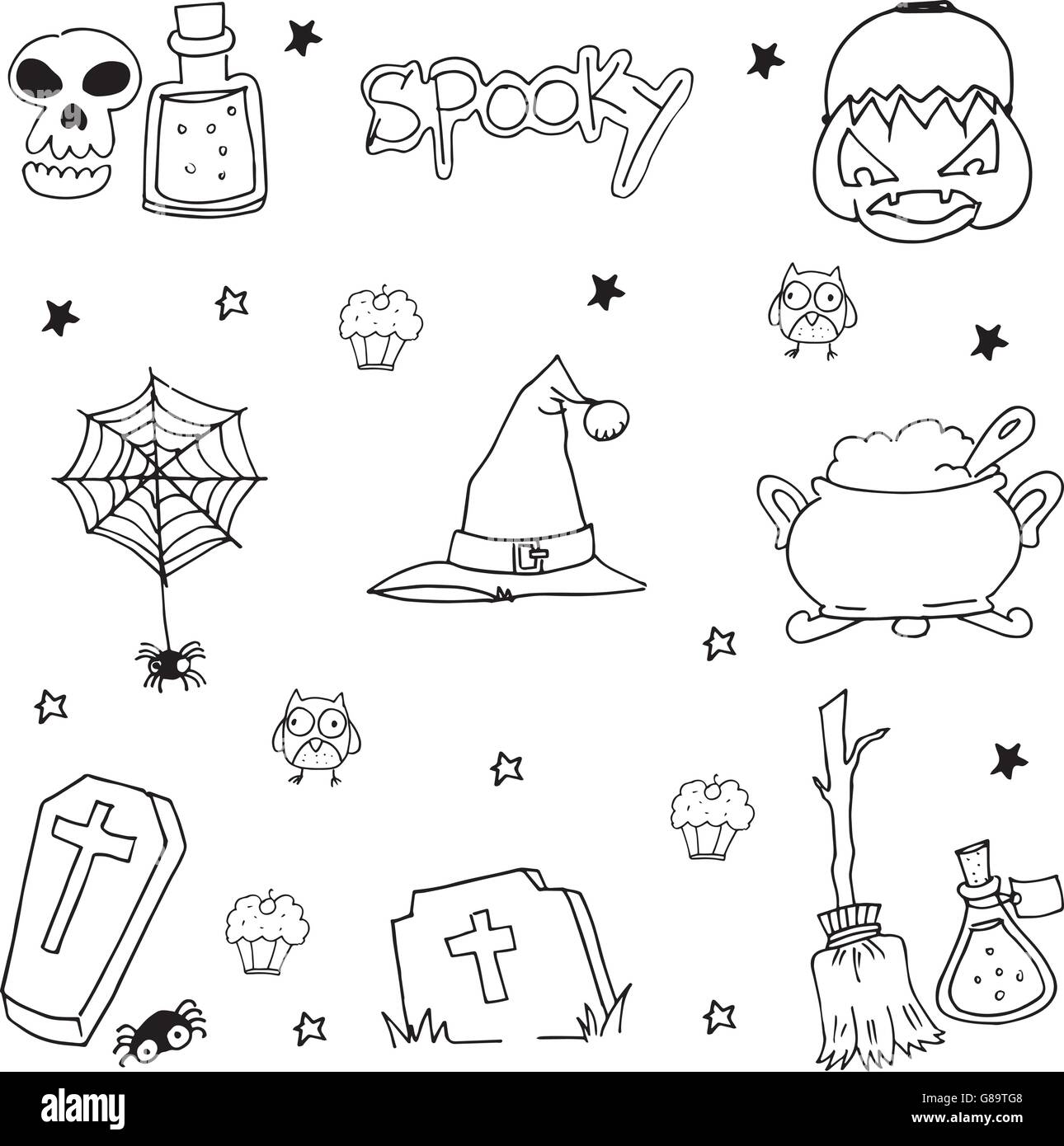 Halloween doodle set black white flat Stock Vector Image & Art - Alamy