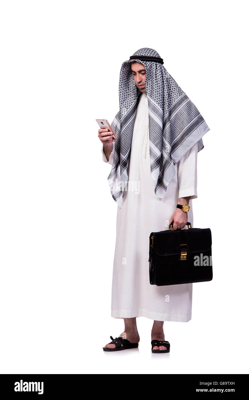 Arab man with his mobile phone isolated on white Stock Photo - Alamy