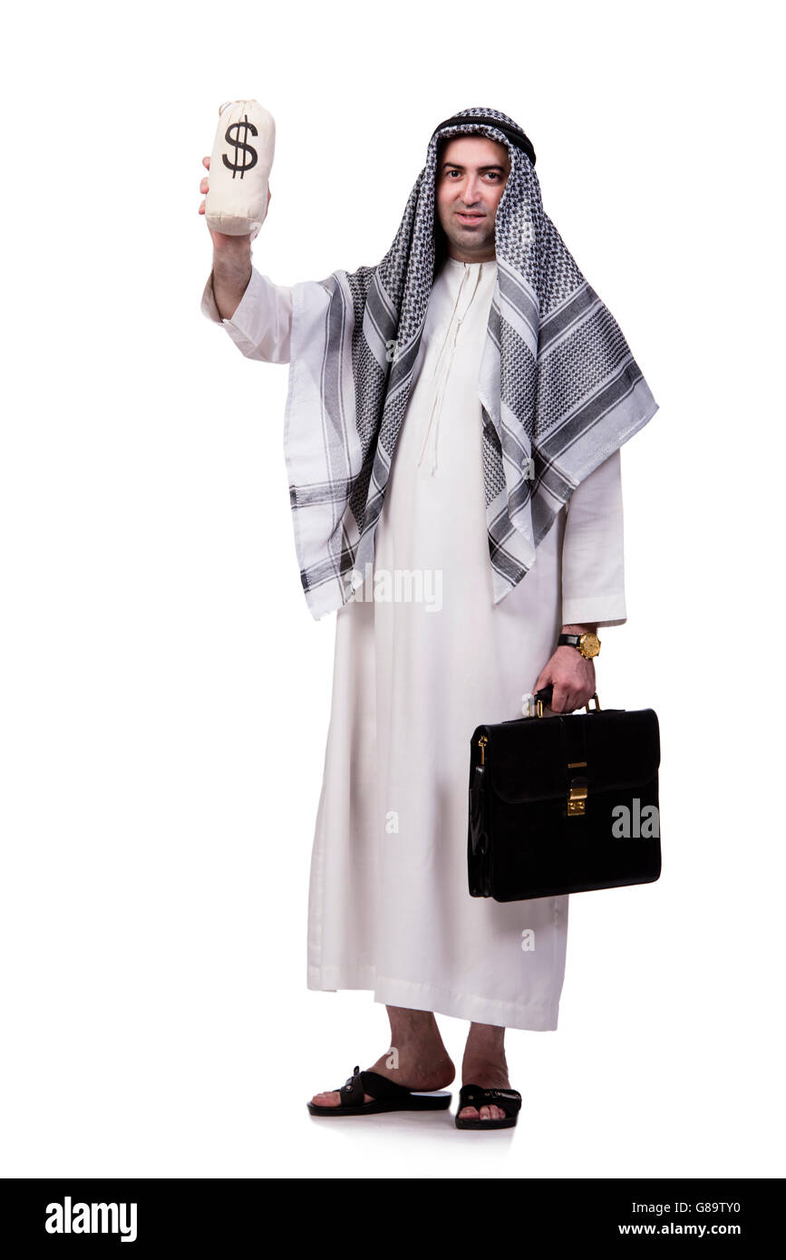 Arab man with money sacks isolated on white Stock Photo - Alamy