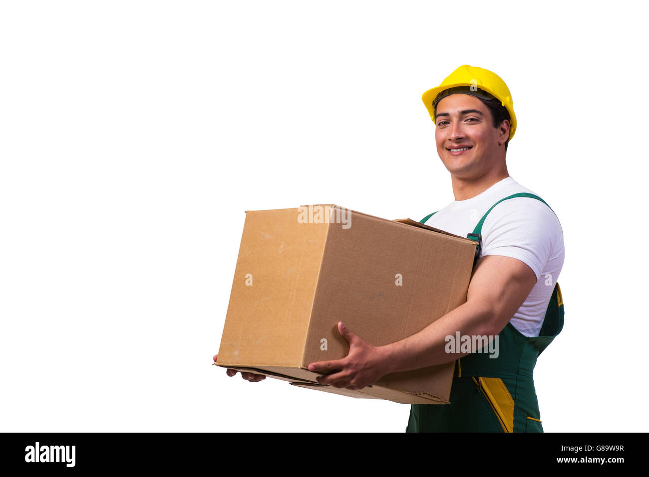 Man moving boxes isolated on the white background Stock Photo - Alamy