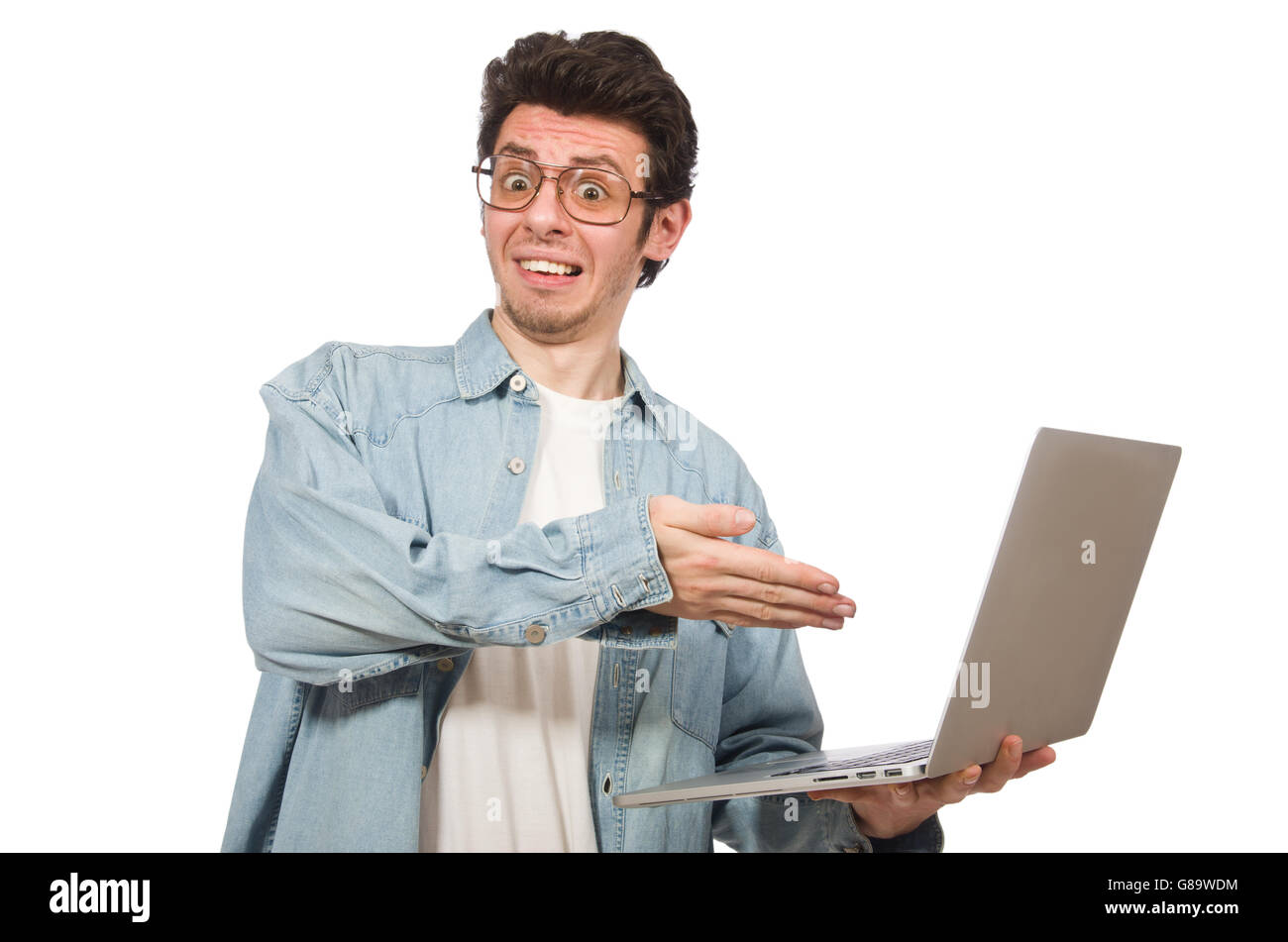 Young student with laptop isolated on white Stock Photo - Alamy