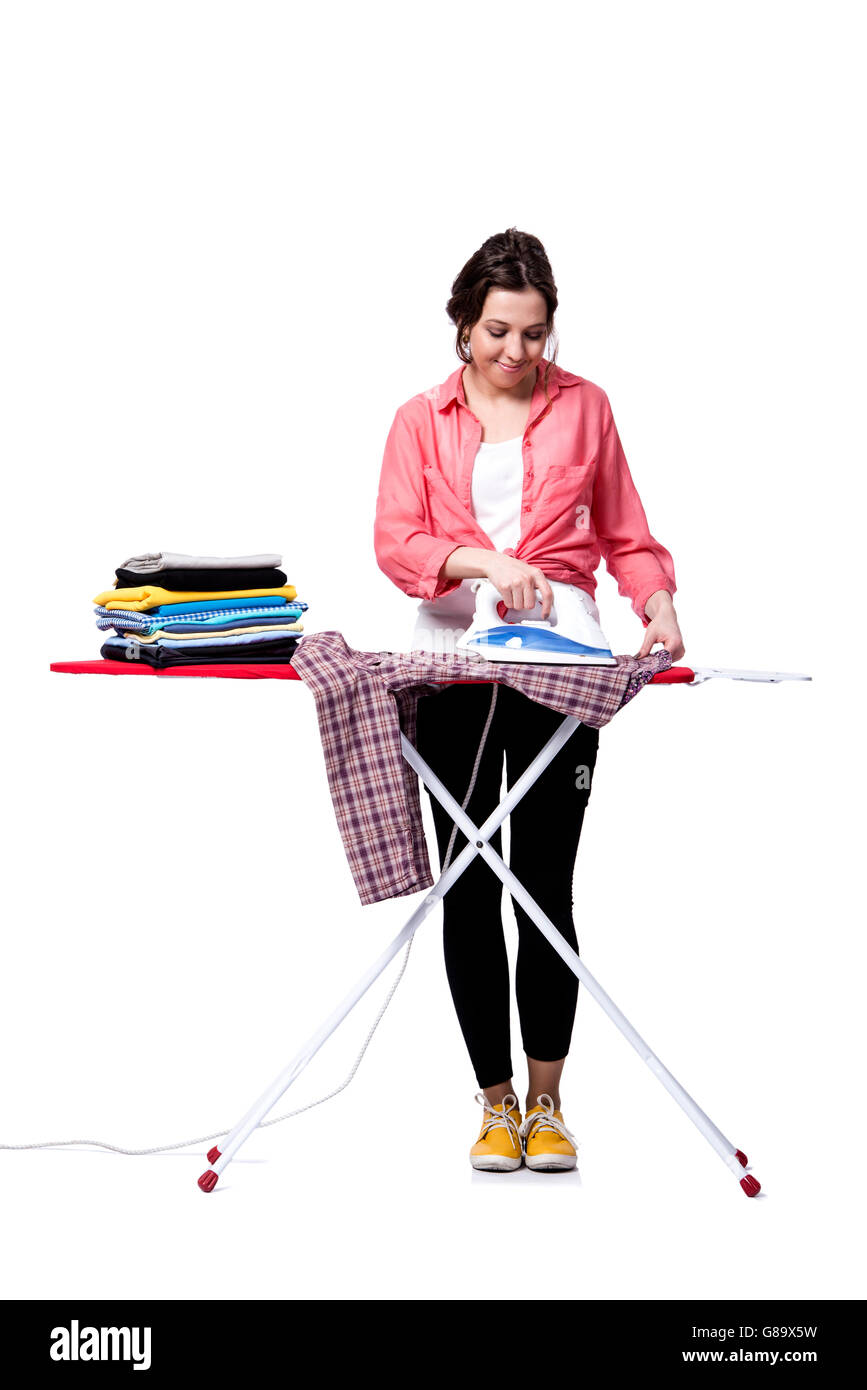 Young woman doing ironing isolated on white Stock Photo - Alamy