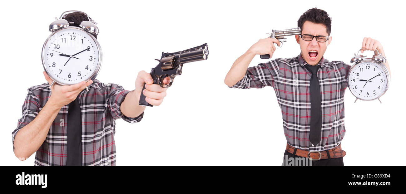 Young man with clock isolated on white Stock Photo - Alamy