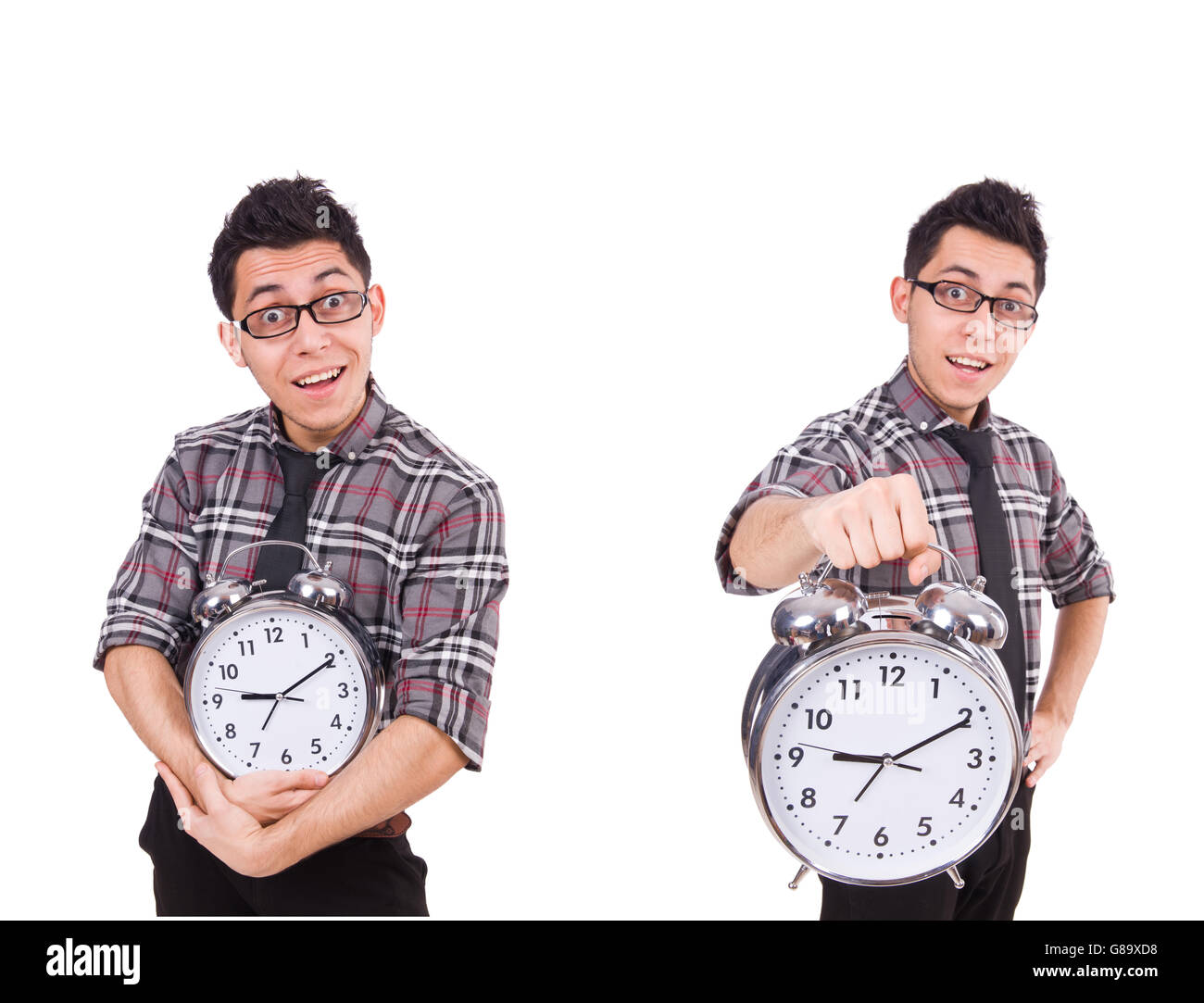 Young man with clock isolated on white Stock Photo - Alamy