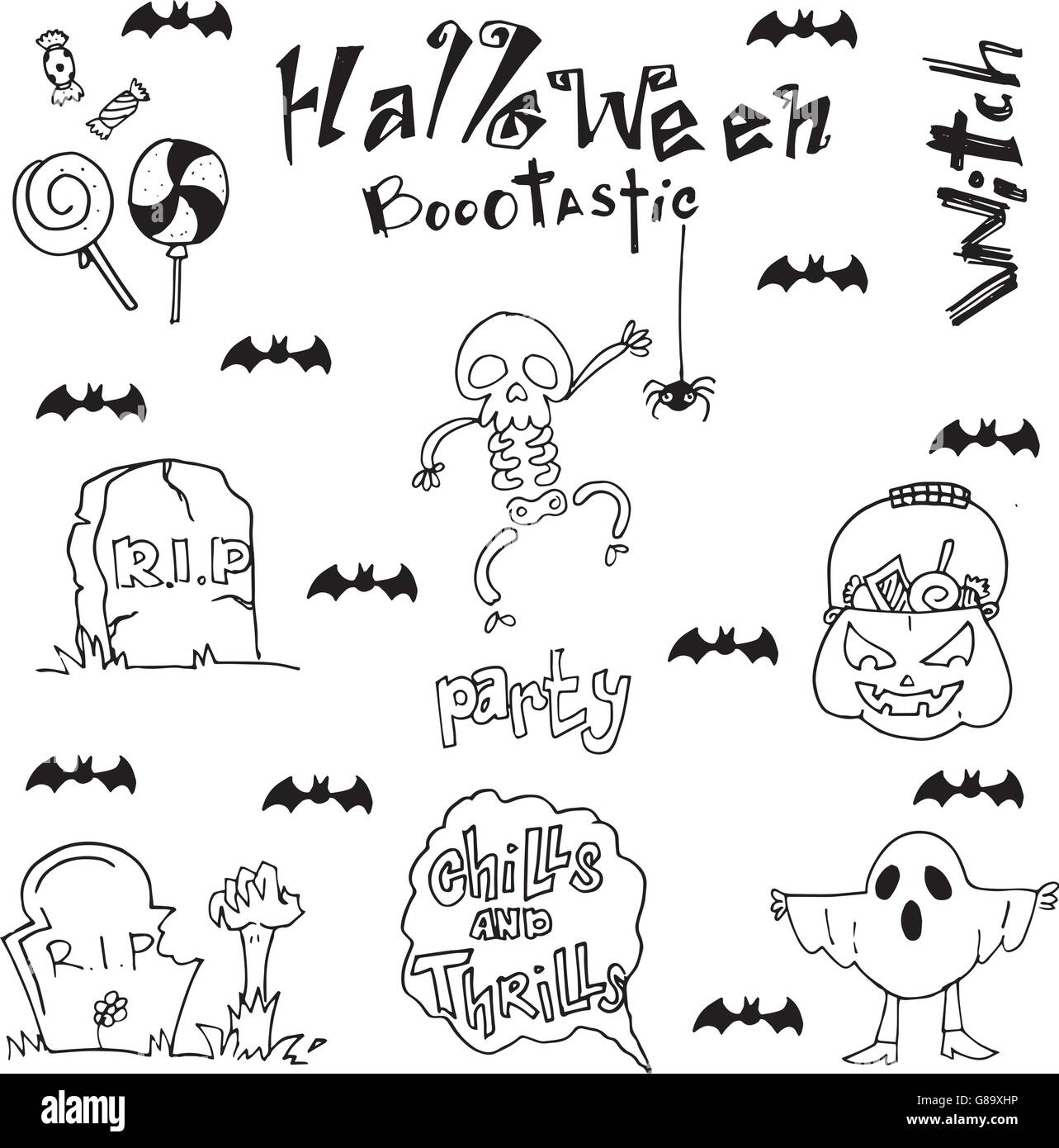 Halloween skull bat zombie tomb in doodle Stock Vector Image & Art - Alamy