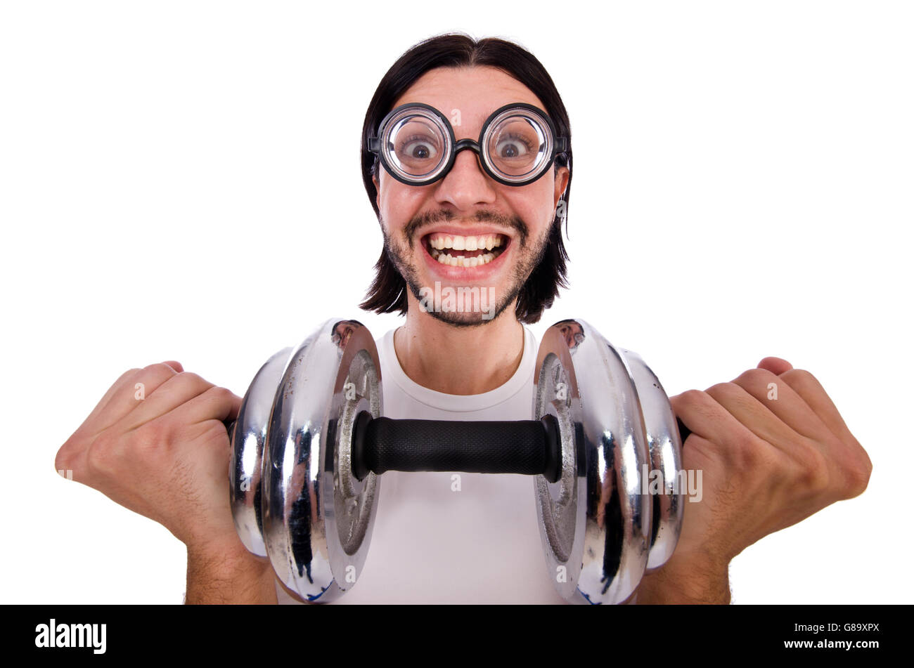 Funny guy with dumbbels on white Stock Photo - Alamy