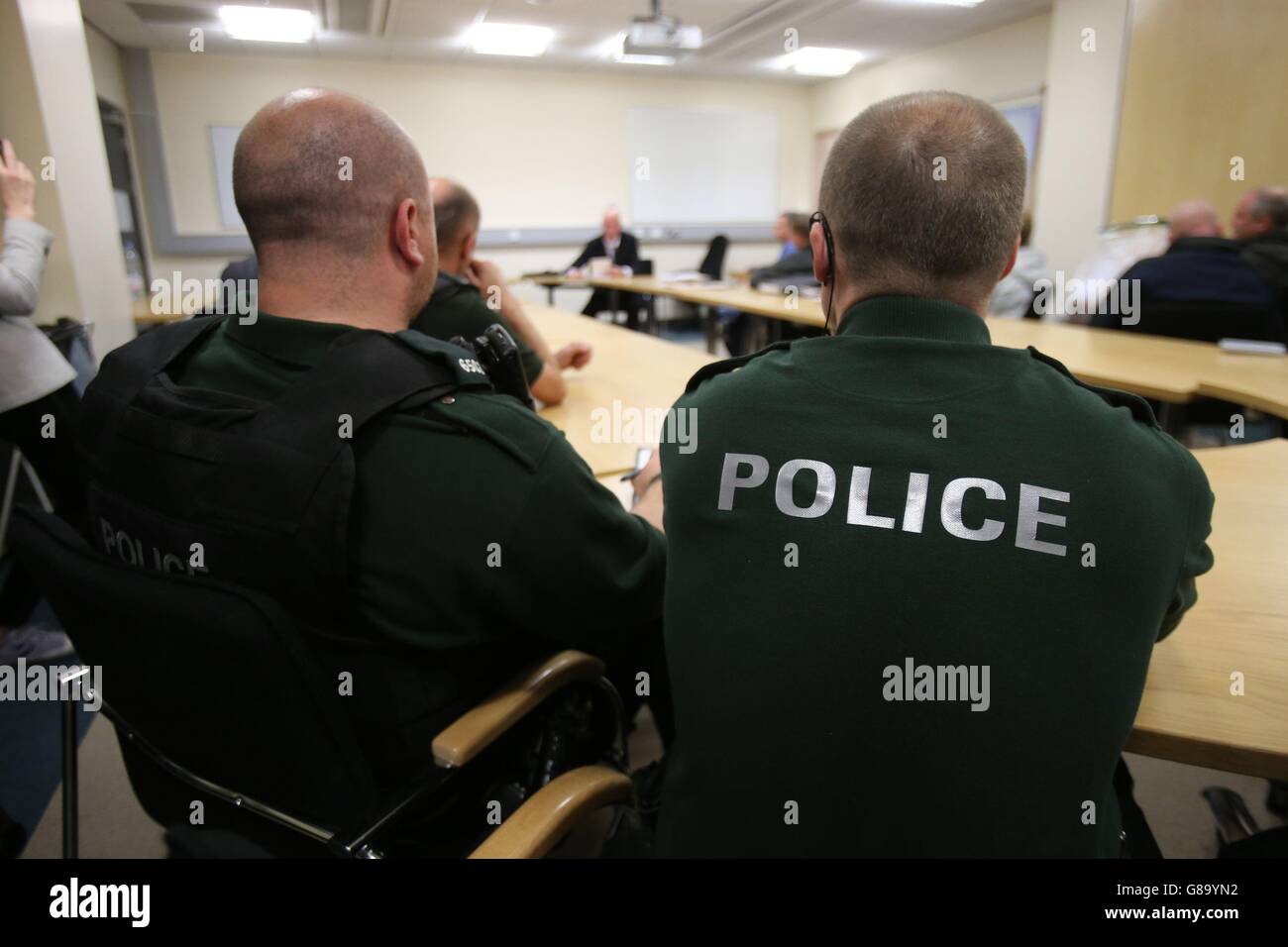 PSNI officers attend a briefing by Detective Inspector Andy Dunlop at ...