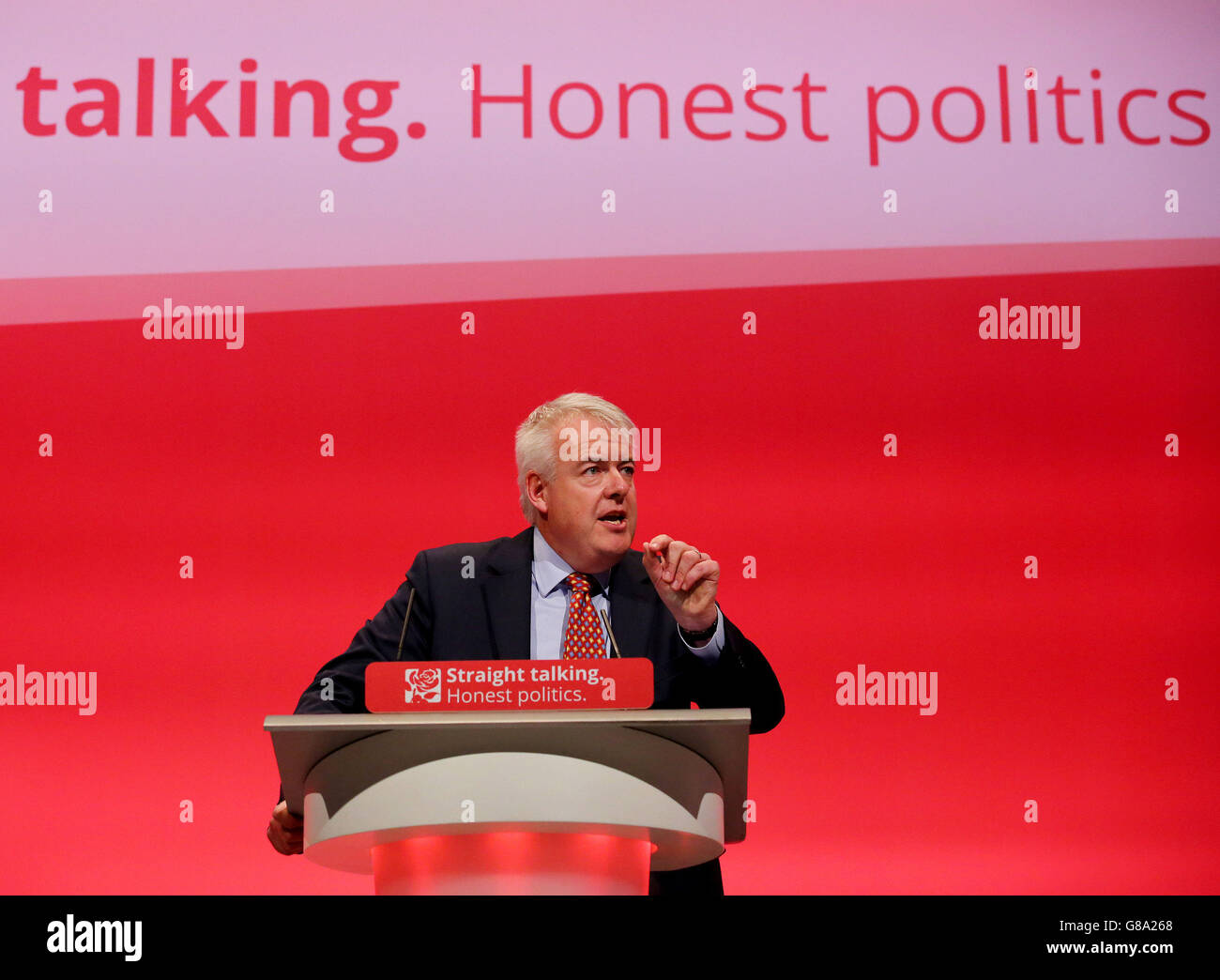 First Minister of Wales Carwyn Jones delivers a speech onstage during ...