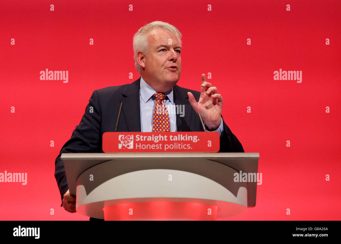 First Minister of Wales Carwyn Jones delivers a speech onstage during ...