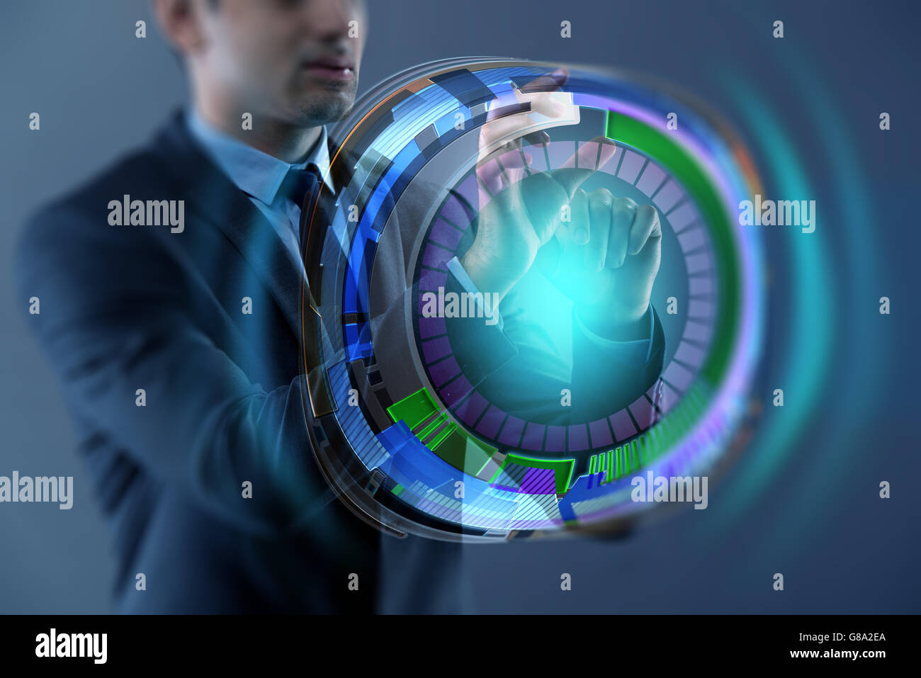 Businessman pressing virtual button in futuristic concept Stock Photo ...