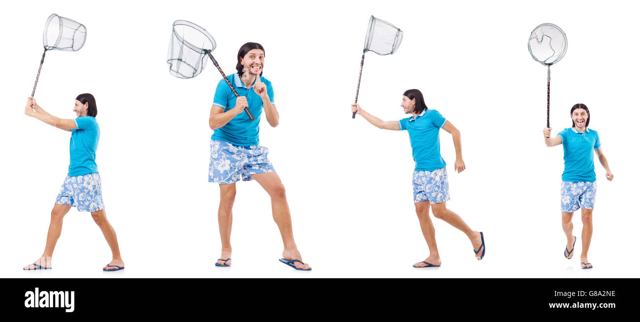 Man with big catching net isolated on white Stock Photo - Alamy