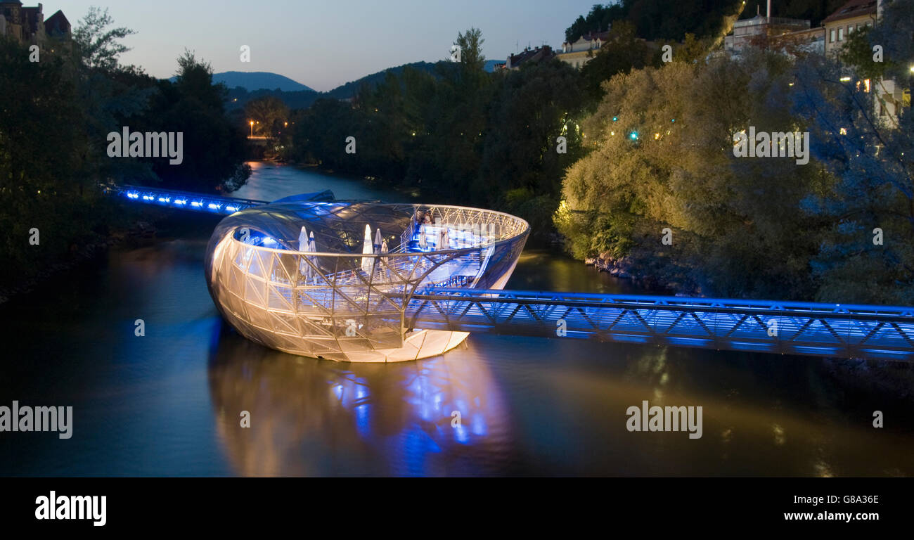 Futuristic Murinsel, artificial island in River Mur, designed by ...