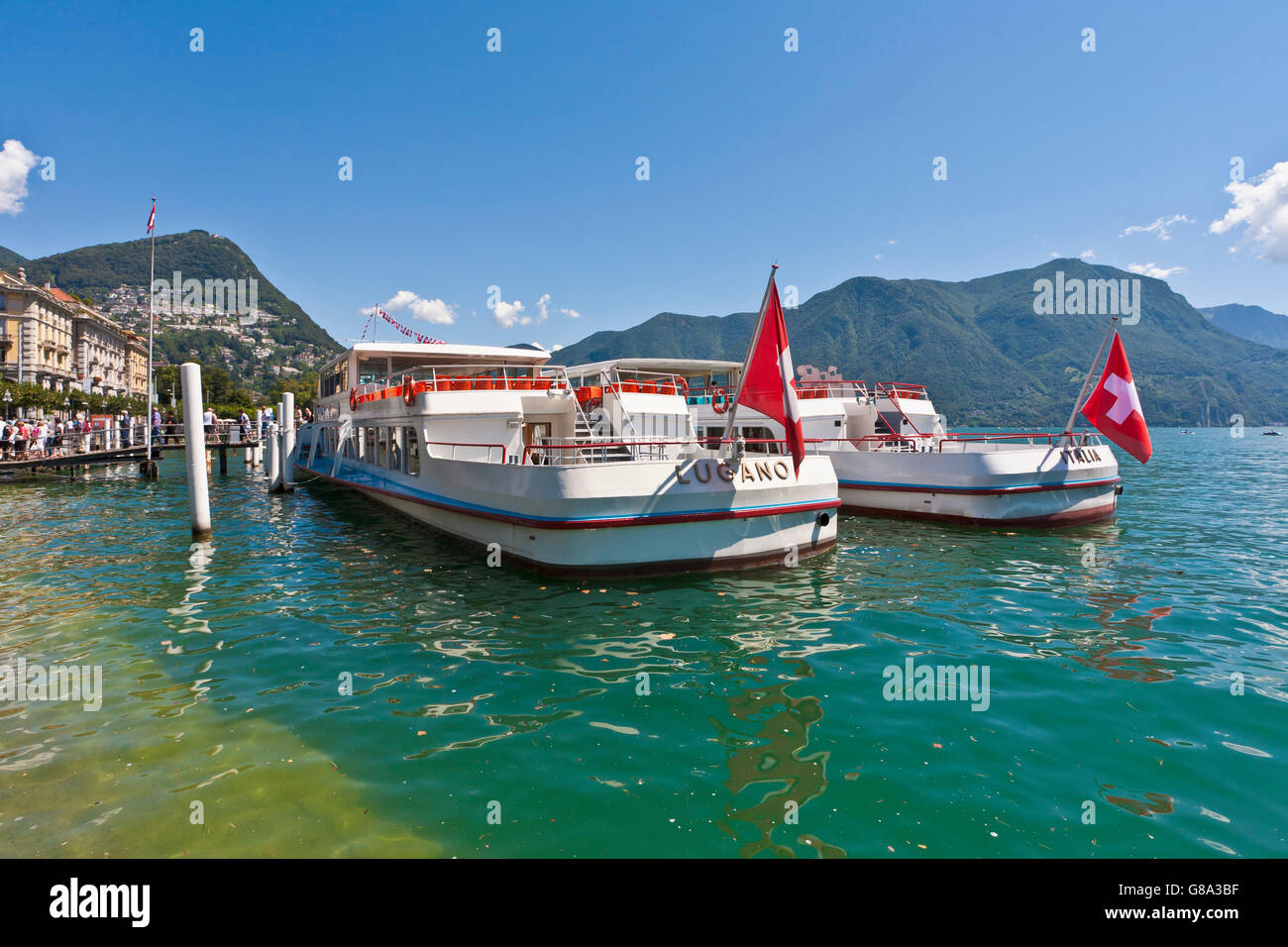 Excursion boats at the dock in Lugano, Lake Lugano, Lago di Lugano ...