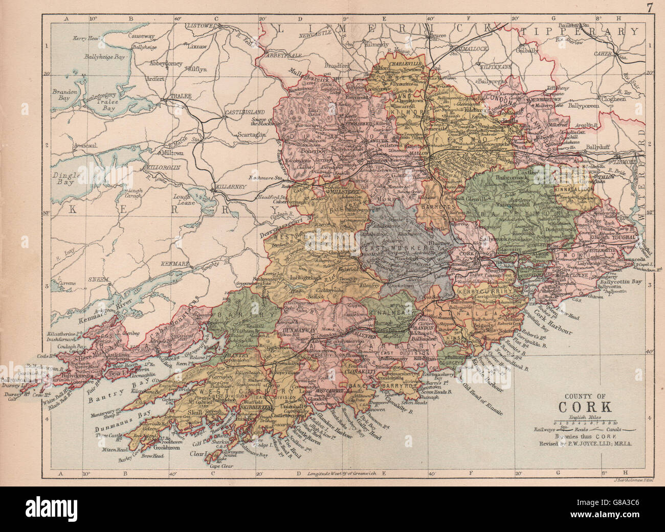 COUNTY CORK: Antique county map. Munster. Ireland. BARTHOLOMEW, 1882 ...