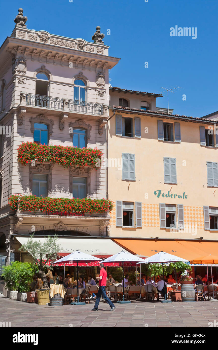 Restaurant and cafe on the Piazza della Riforma in Lugano, Lake Lugano ...