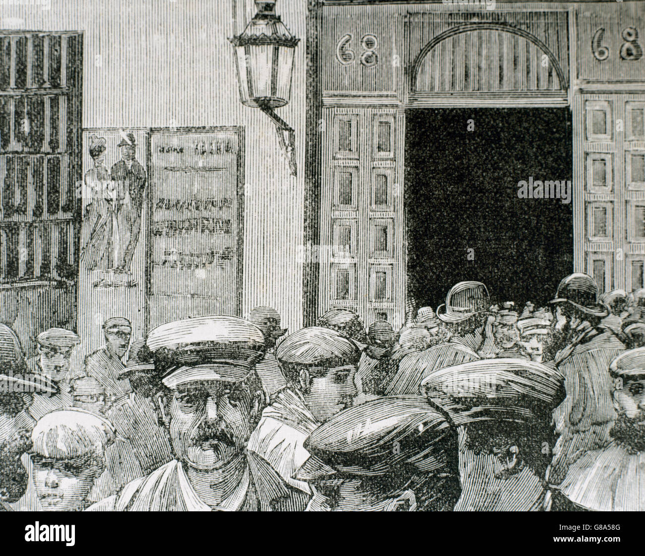 Labour movements. Madrid, Spain. Workers before the Lyceum Rius, in the ...