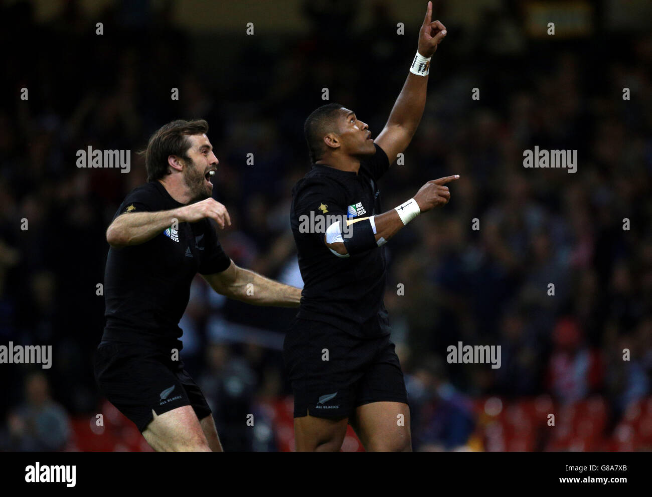 New Zealand's Waisake Naholo (right) celebrates scoring his side's ...