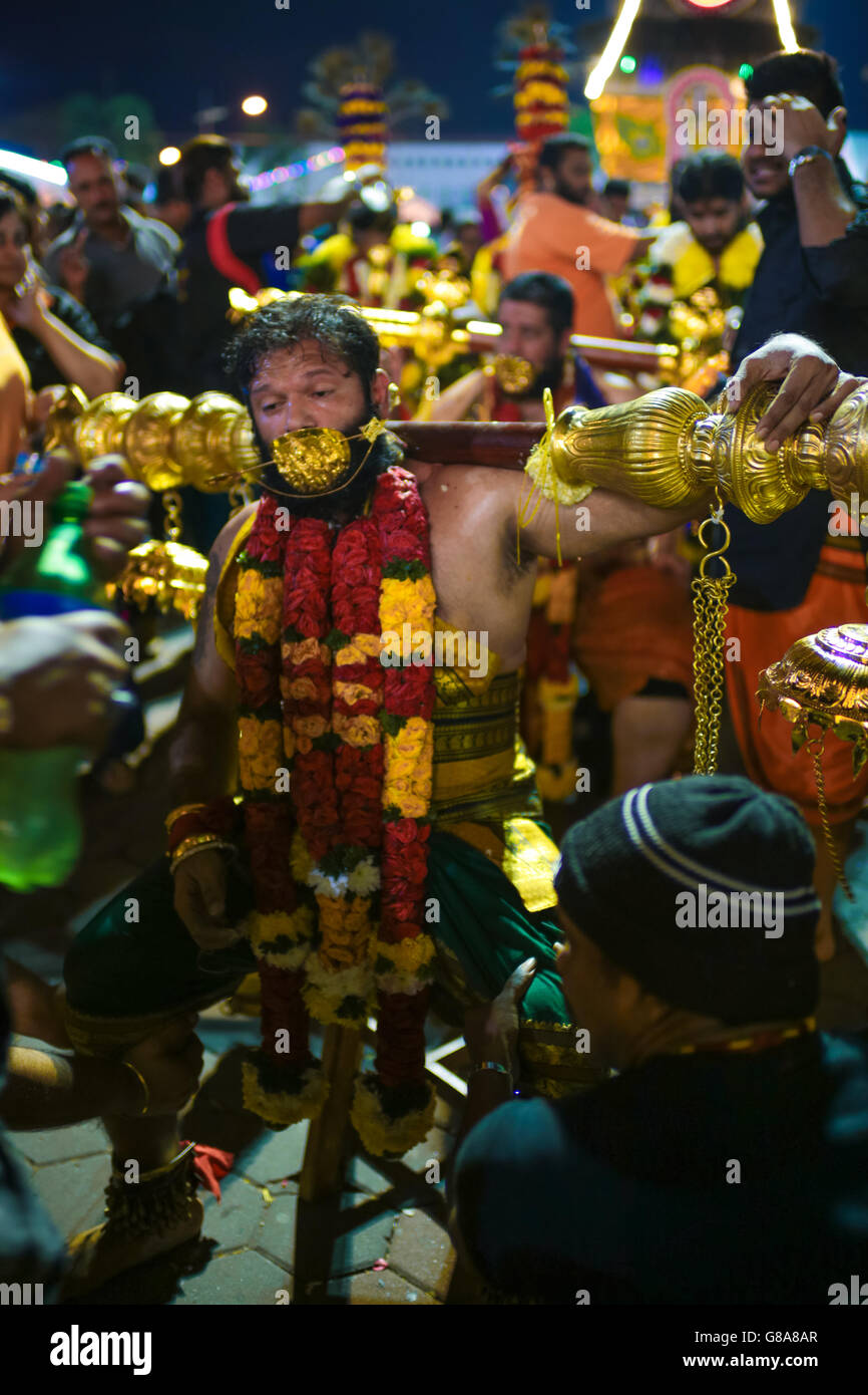 Hindu kavadi bearer carry heavy golden rod and his companions at Batu ...