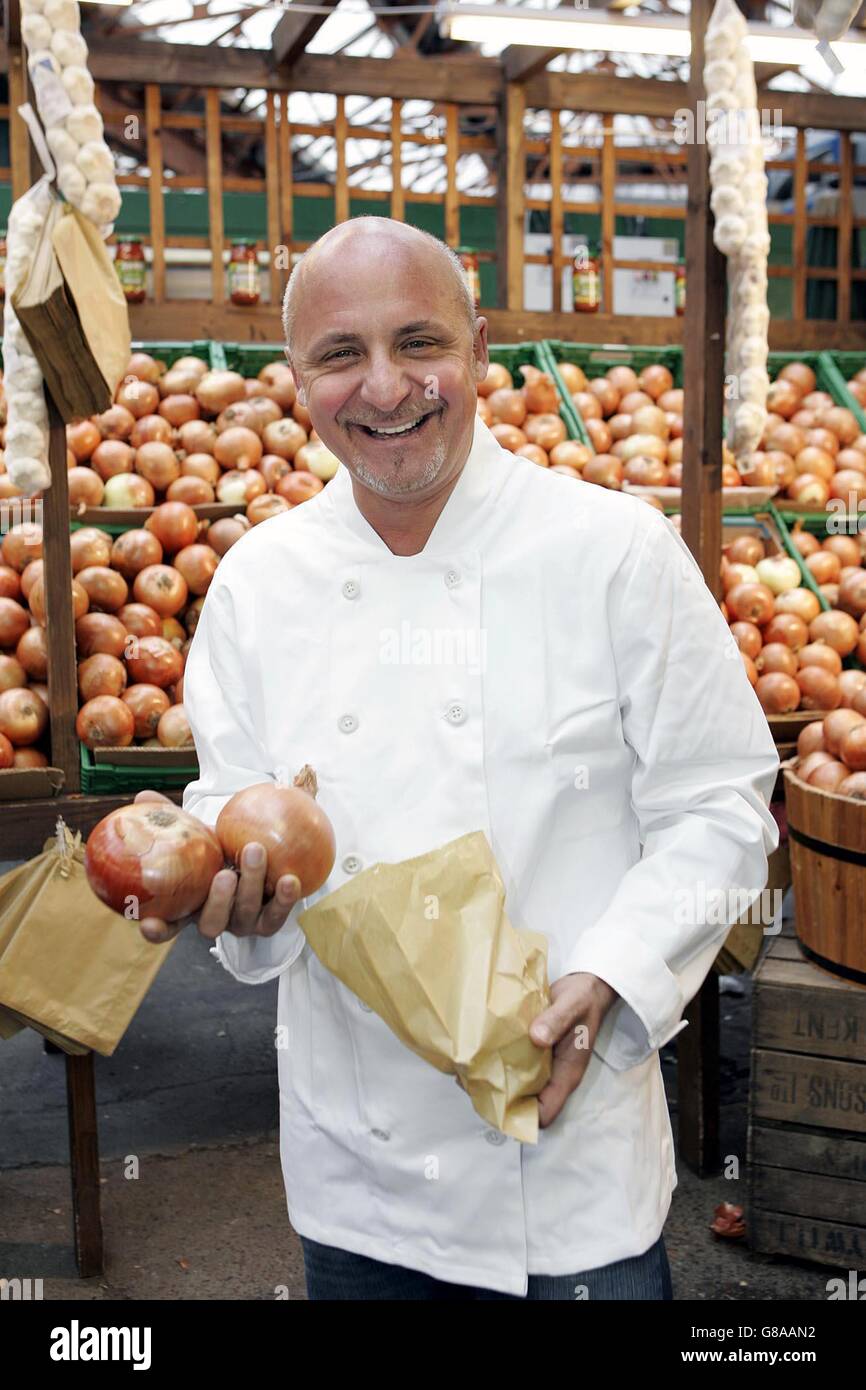 Celebrity chef Aldo Zilli mans a special onion stall at Borough Market ...