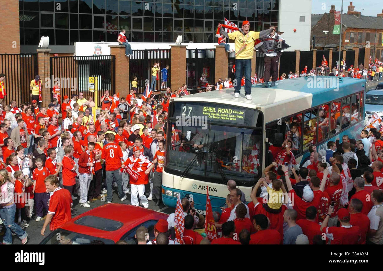 Liverpool fans celebrate outside Anfield, following their Champions ...