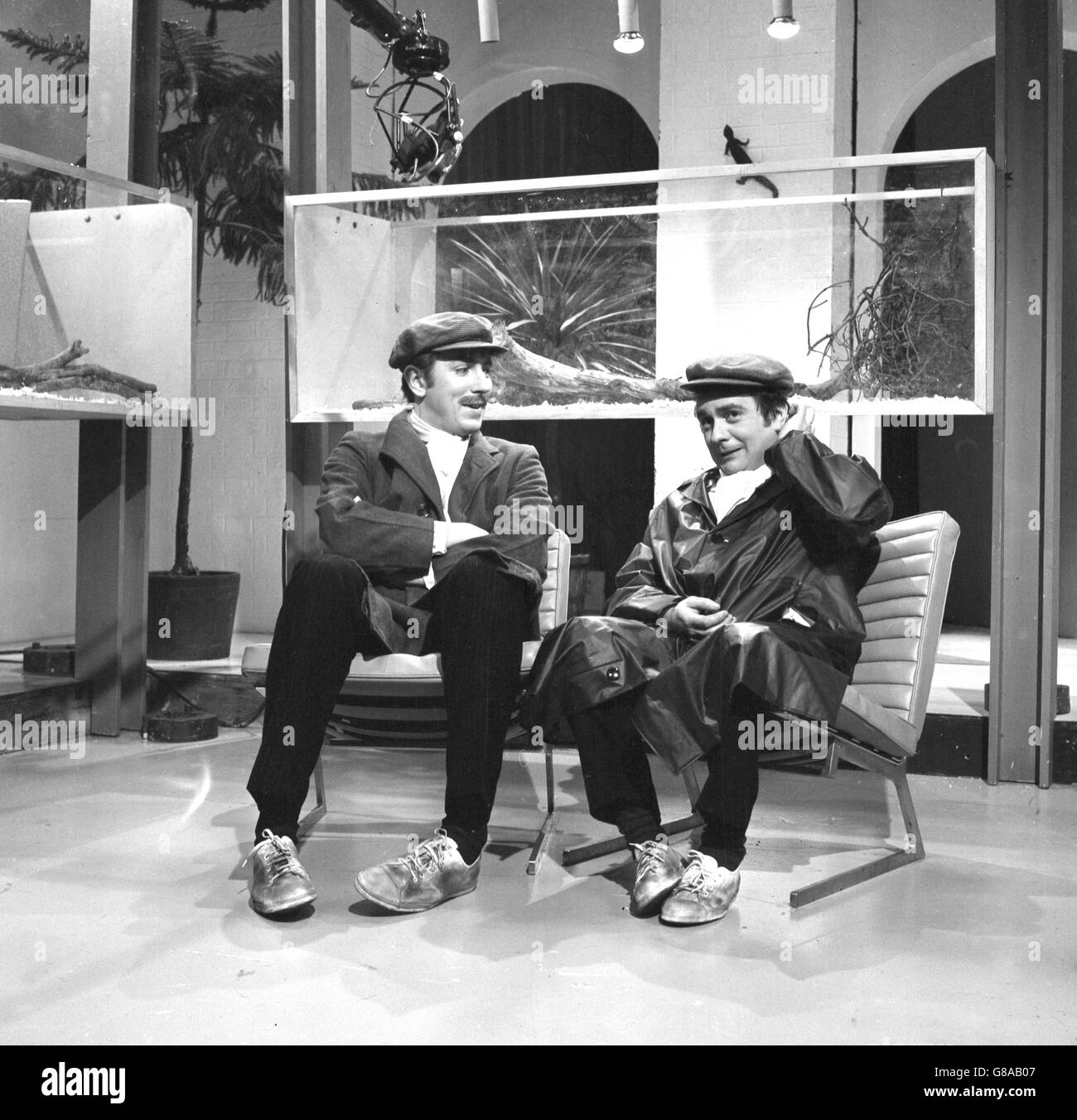Peter Cook and Dudley Moore at the BBC Television Centre in London ...