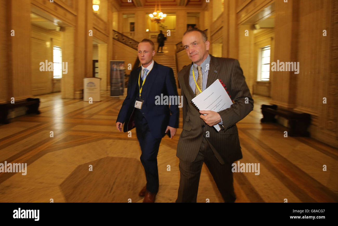 Jamie Bryson (left) and Pastor Mark Gordon leaving Parliament Buildings ...