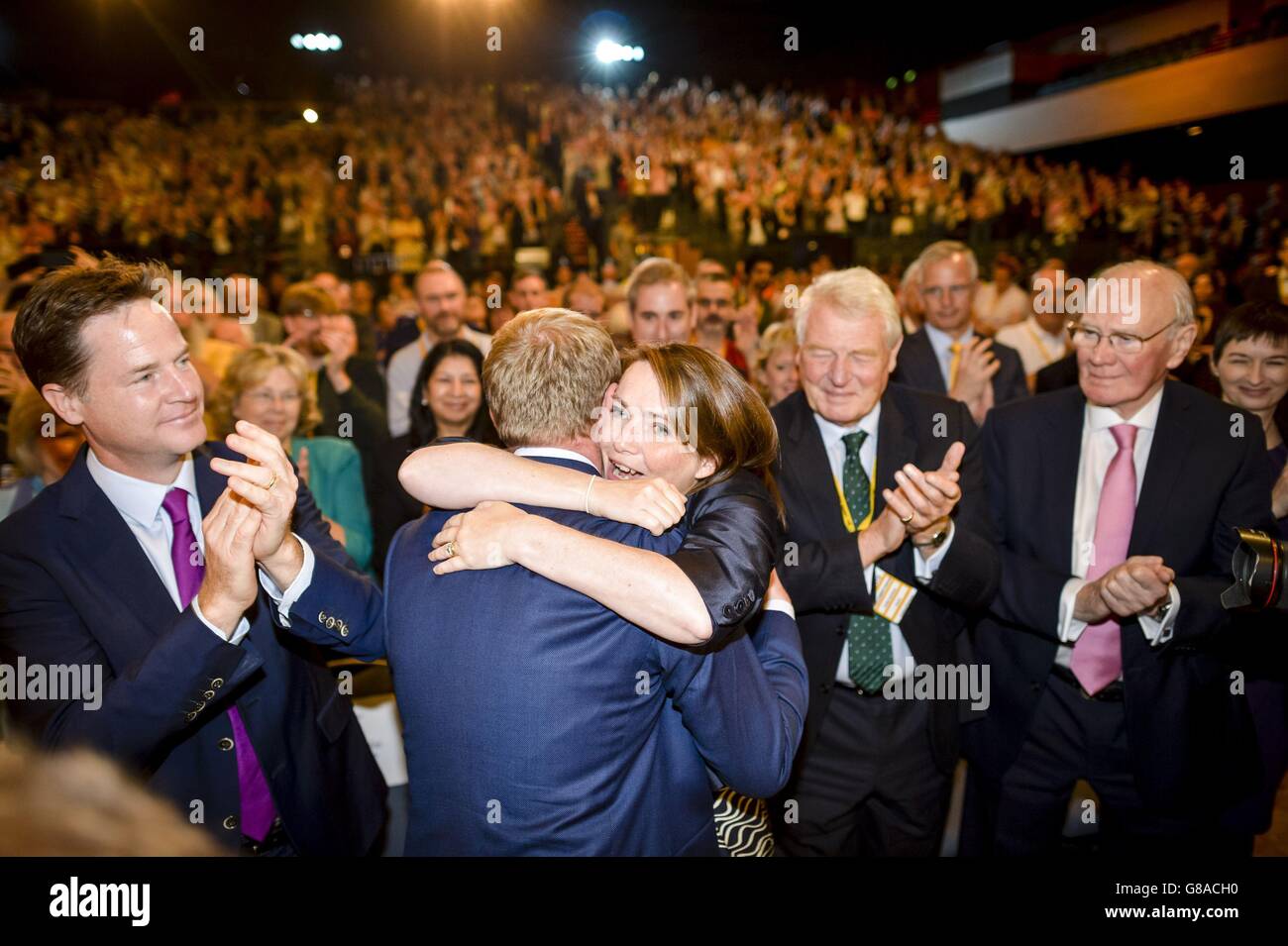 Leader of the Liberal Democrats Tim Farron gets a hug from leader of ...