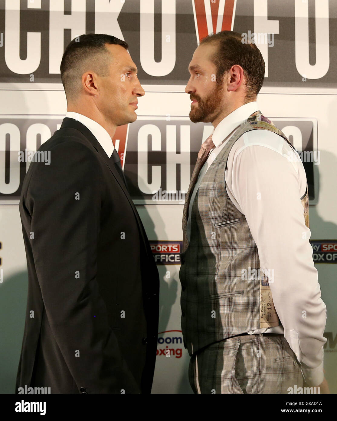Wladimir Klitschko (left) and Tyson Fury during a press conference at ...