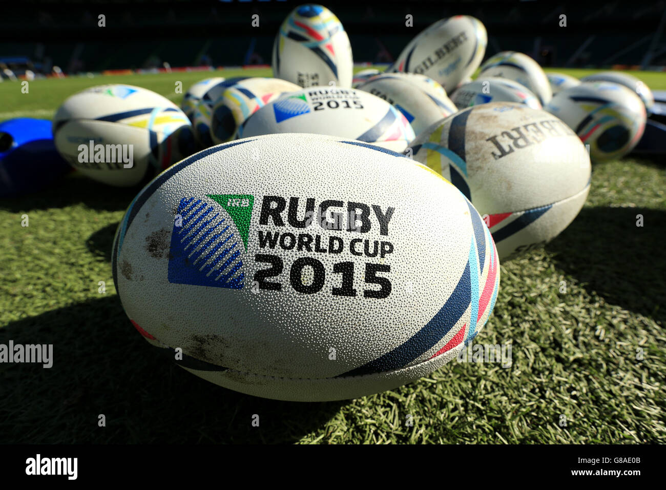 A general view of rugby balls during a training session at Twickenham ...
